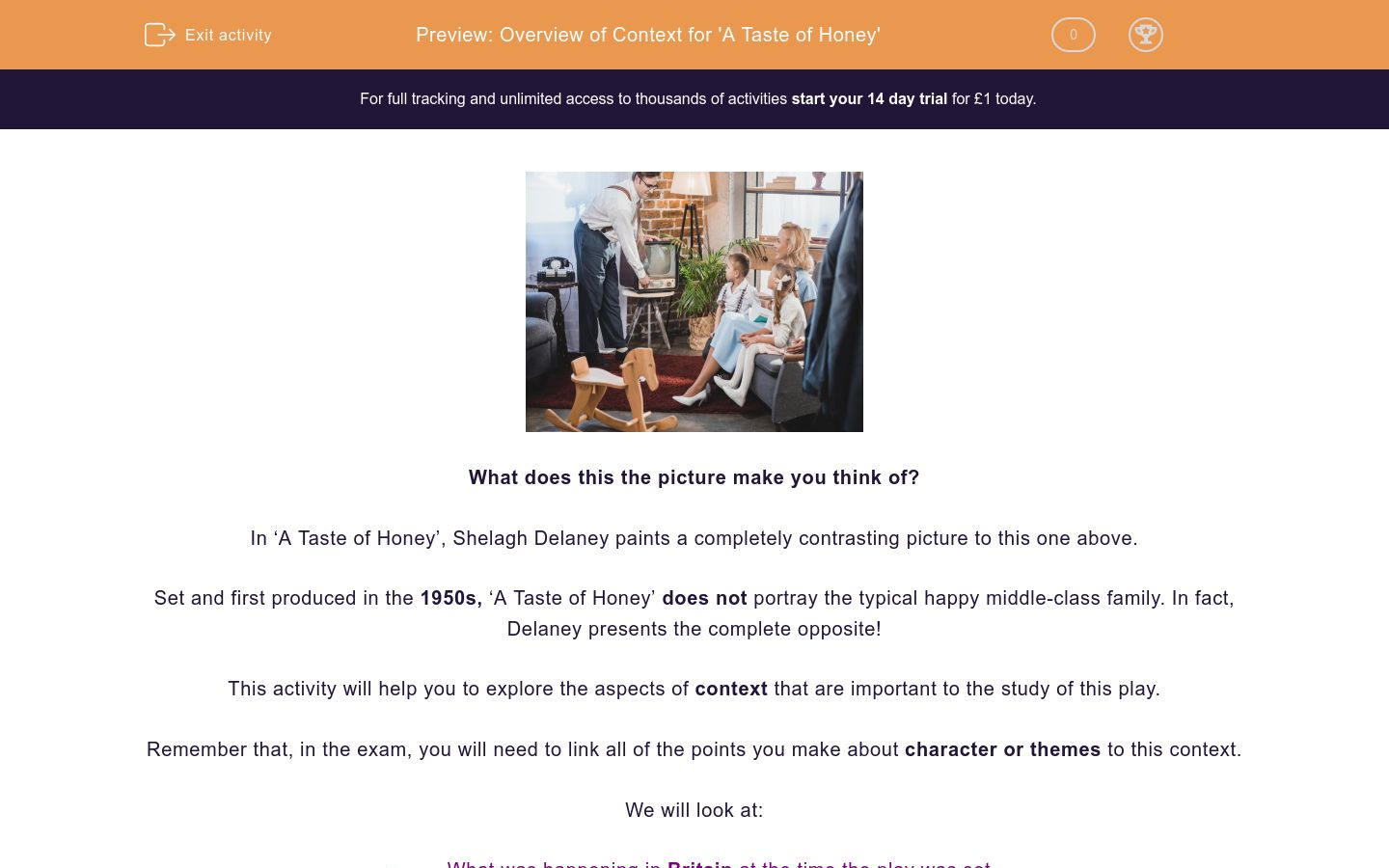 Overview of Context for 'A Taste of Honey' Worksheet - EdPlace