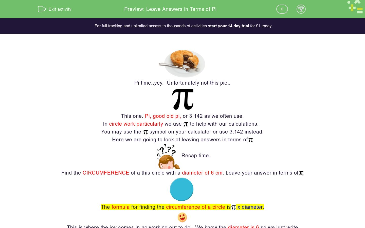 Leave Answers in Terms of Pi Worksheet - EdPlace