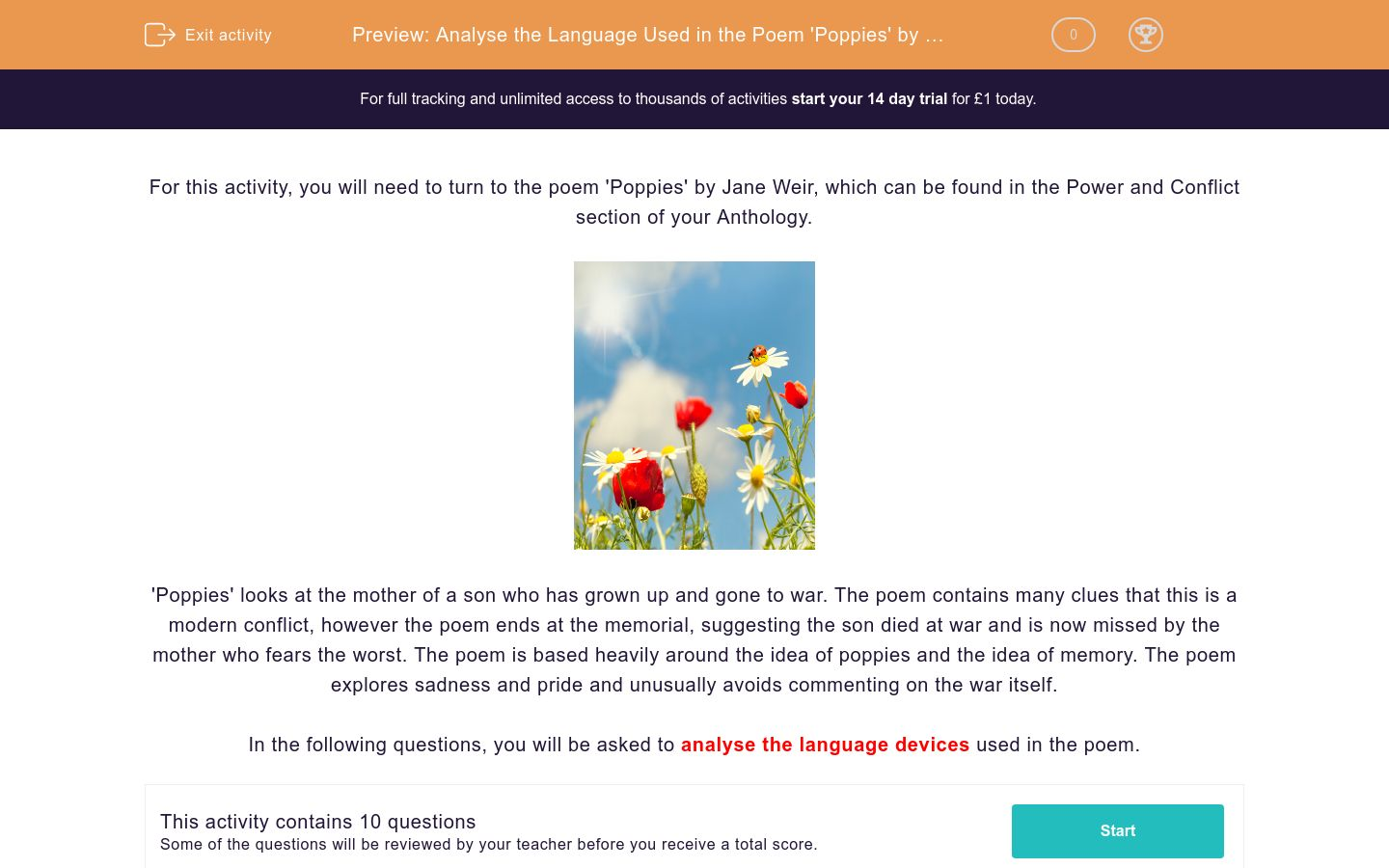 Analyse the Language Used in the Poem 'Poppies' by Jane Weir Worksheet ...
