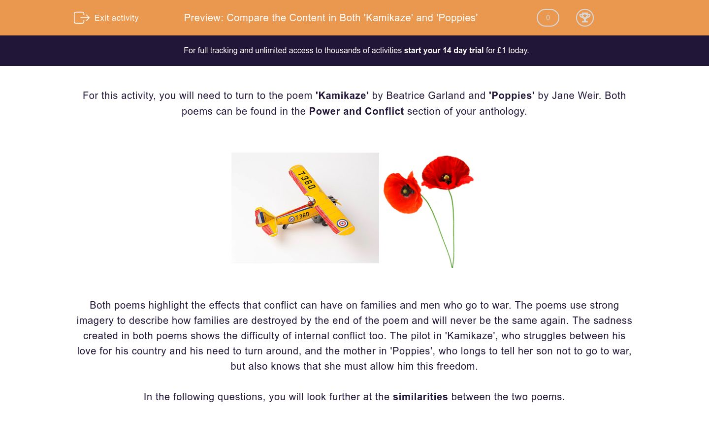 Compare the Content in Both 'Kamikaze' and 'Poppies' Worksheet - EdPlace