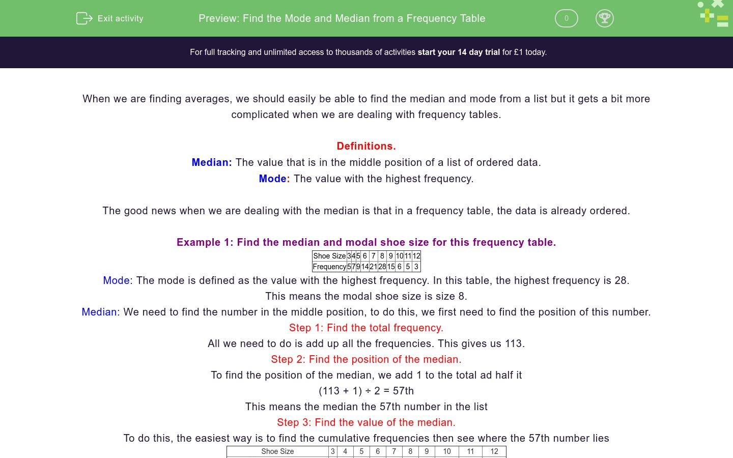 Find the Mode and Median from a Frequency Table Worksheet - EdPlace