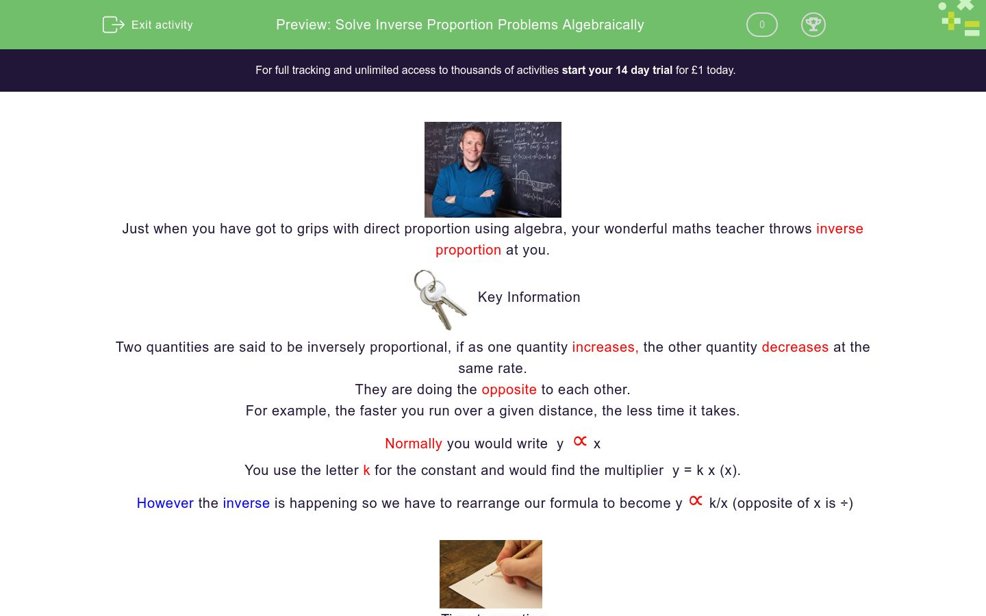 Solve Inverse Proportion Problems Algebraically Worksheet - EdPlace