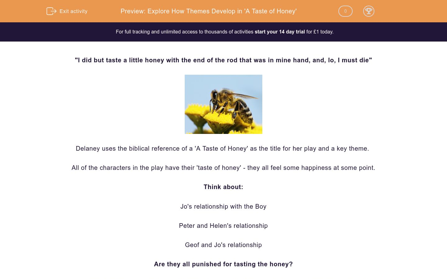 Explore How Themes Develop in 'A Taste of Honey' Worksheet - EdPlace