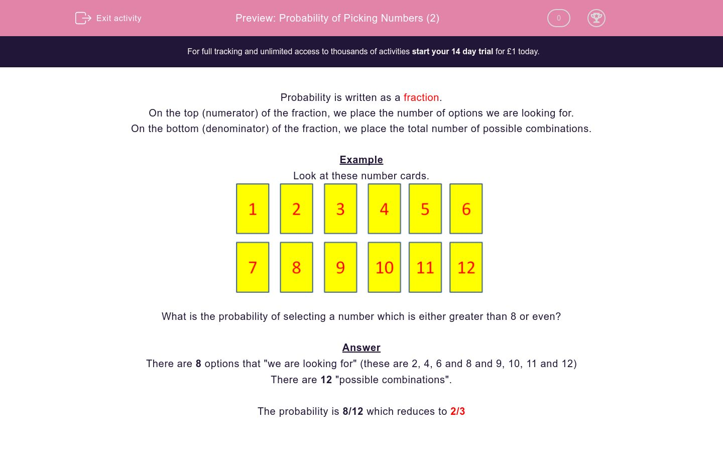 Probability of Picking Numbers (2) Worksheet - EdPlace