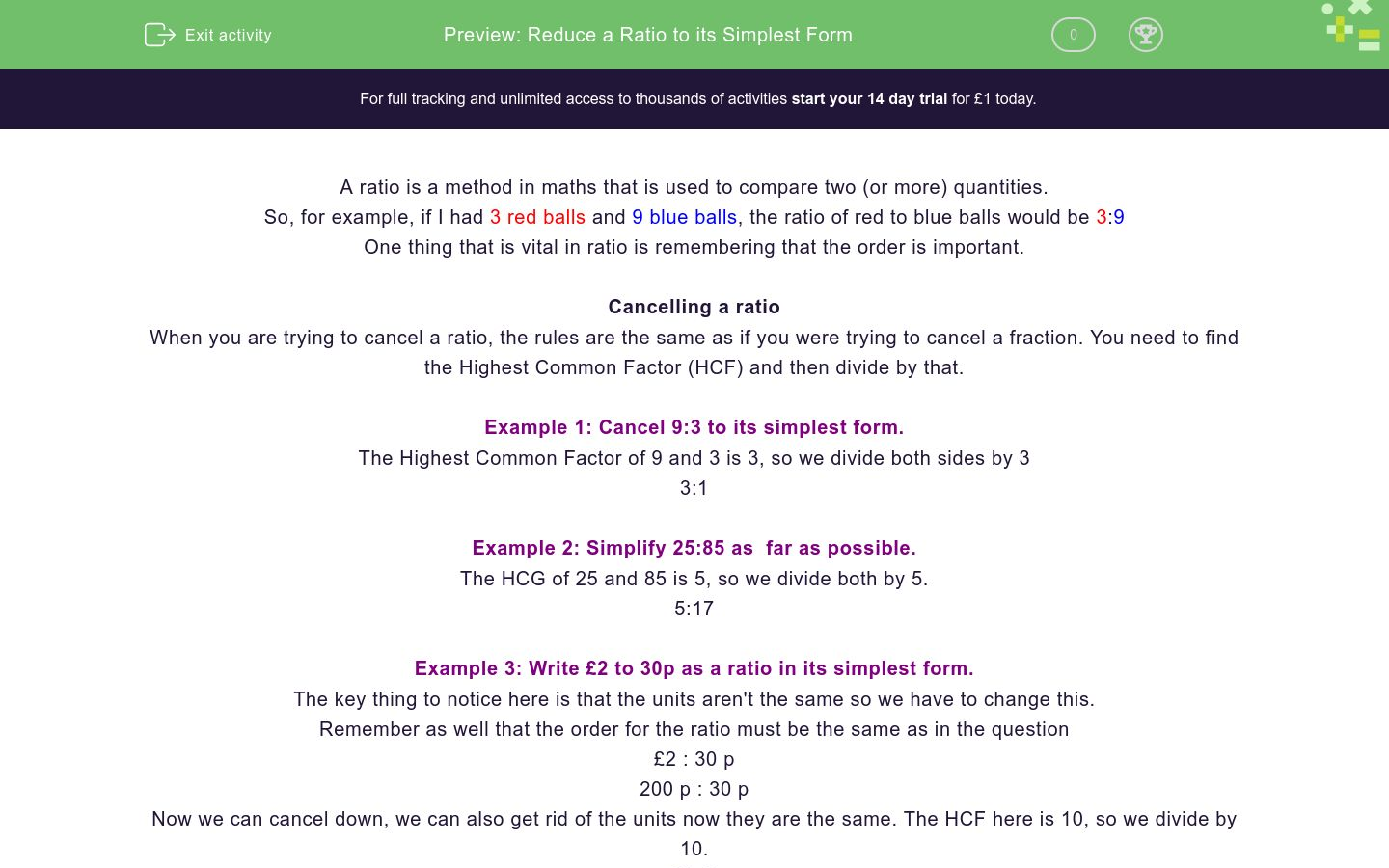 Reduce a Ratio to its Simplest Form Worksheet - EdPlace