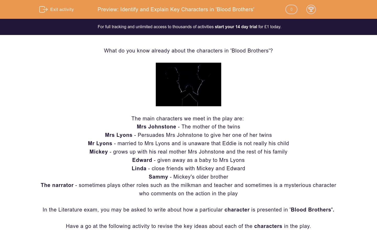 Identify and Explain Key Characters in 'Blood Brothers' Worksheet - EdPlace