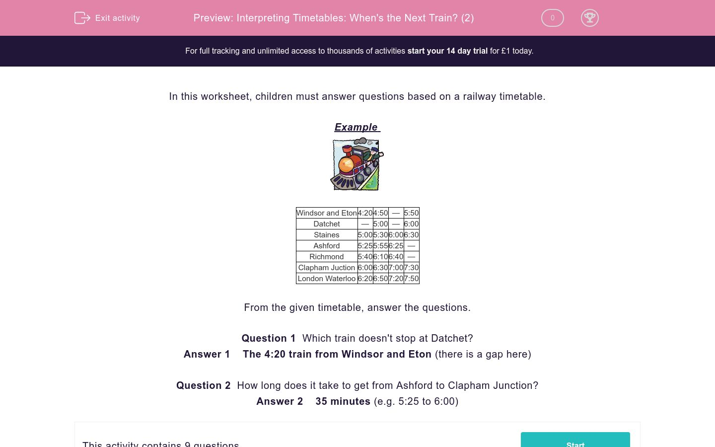 Interpreting Timetables: When's the Next Train? (2) Worksheet - EdPlace