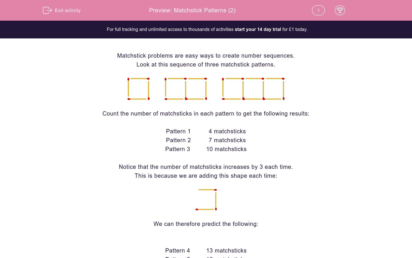 Matchstick Patterns (2) Worksheet - EdPlace