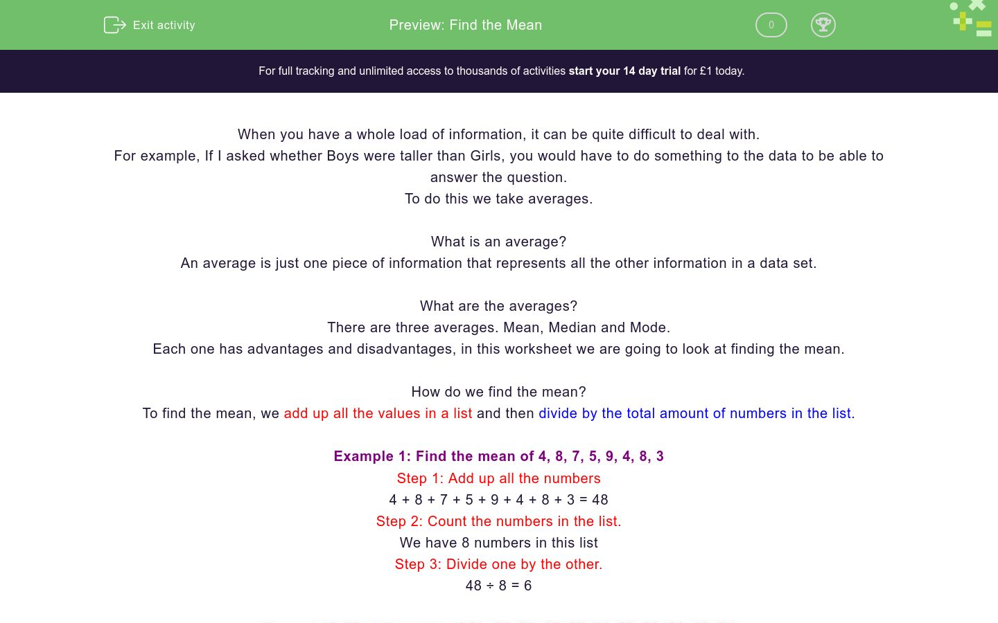 Find the Mean Worksheet - EdPlace