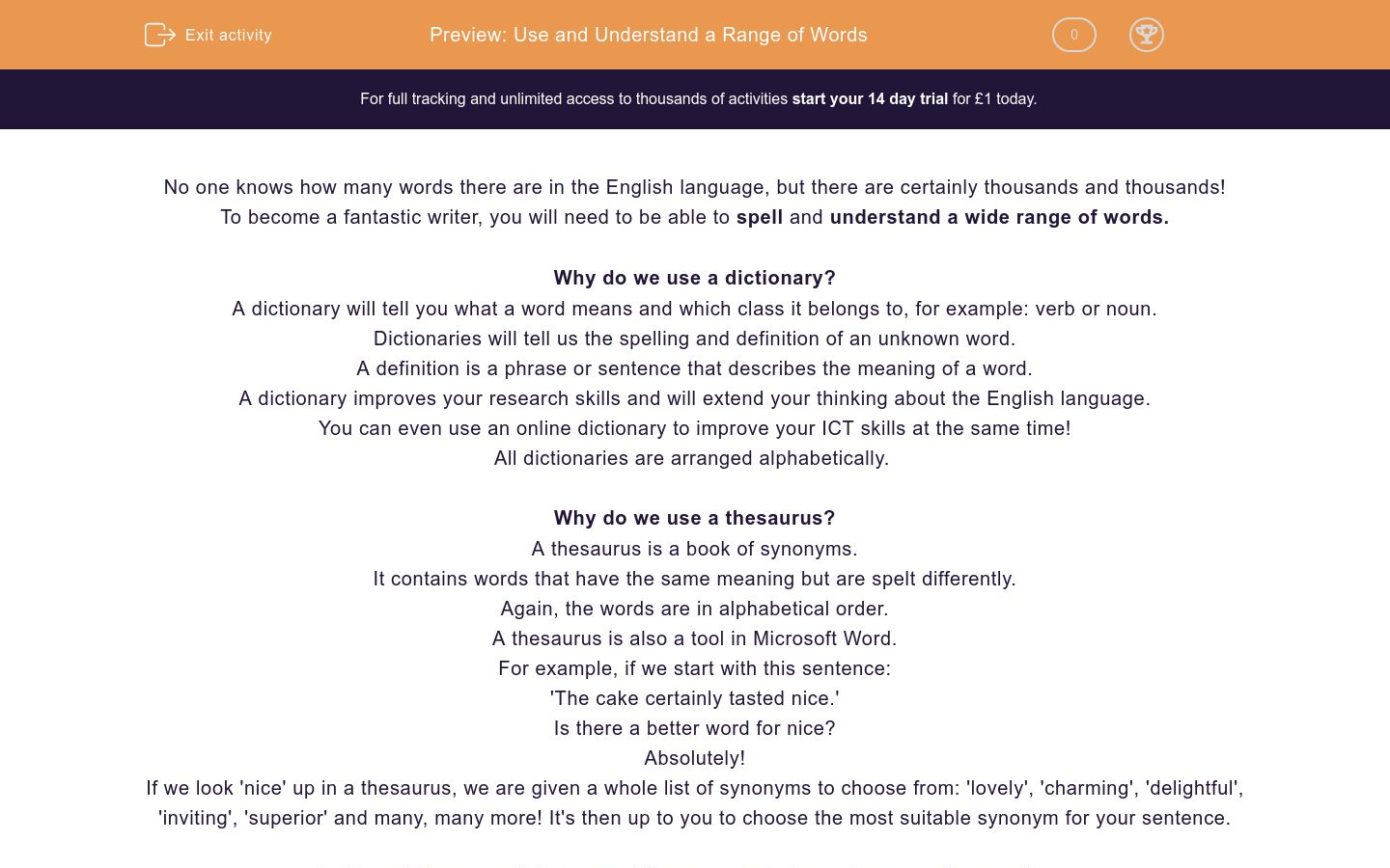 Use and Understand a Range of Words Worksheet - EdPlace