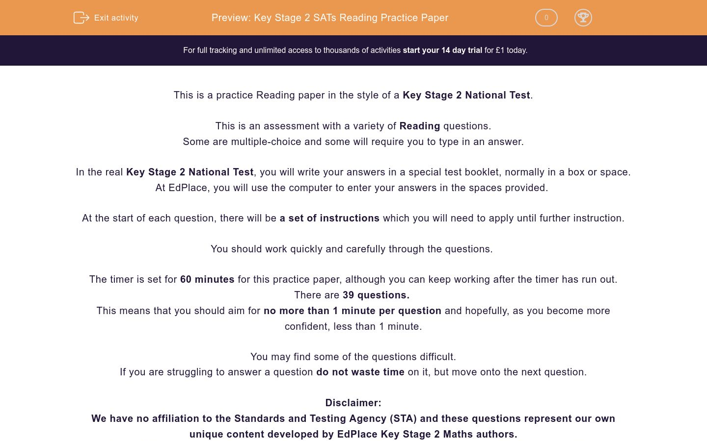 Key Stage 2 SATs Reading Practice Paper Worksheet - EdPlace