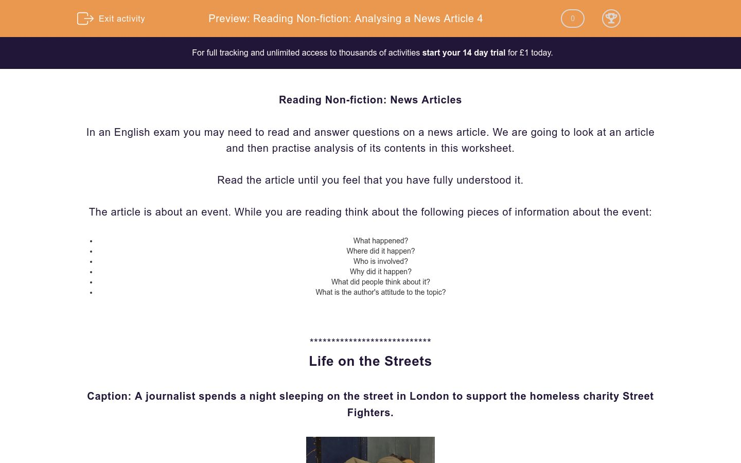 Reading Non-fiction: Analysing a News Article 4 Worksheet - EdPlace