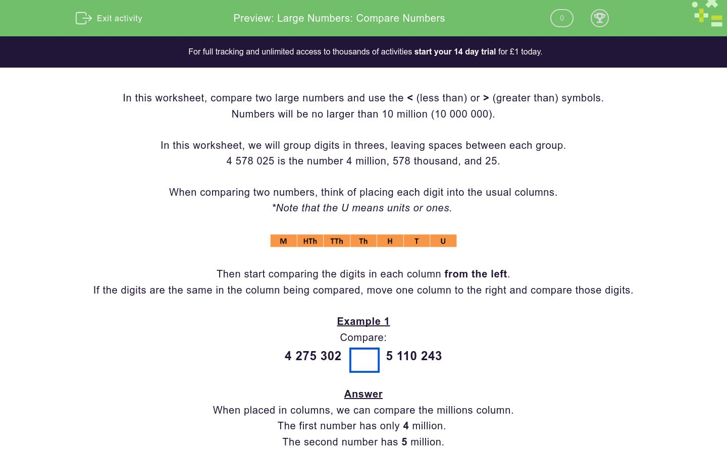 Large Numbers: Compare Numbers Worksheet - EdPlace