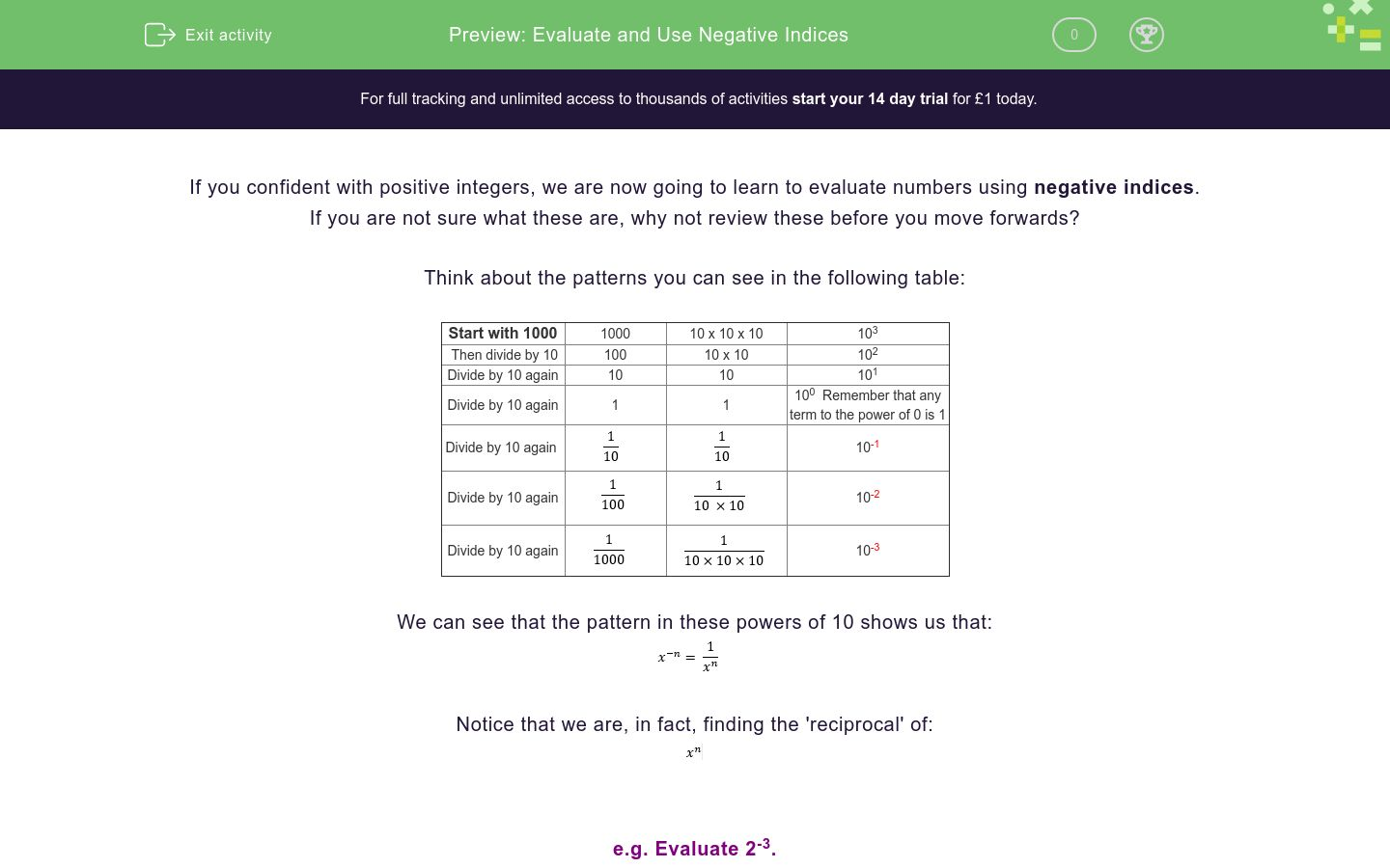 Evaluate and Use Negative Indices Worksheet - EdPlace