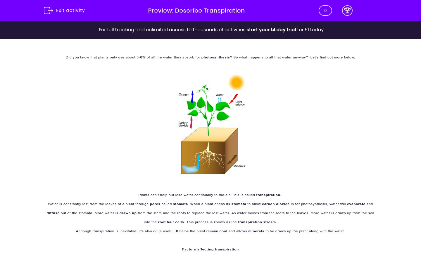 Describe Transpiration Worksheet - EdPlace