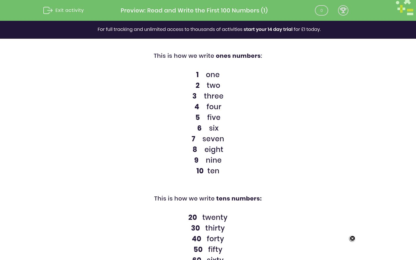 Read and Write the First 100 Numbers (1) Worksheet - EdPlace