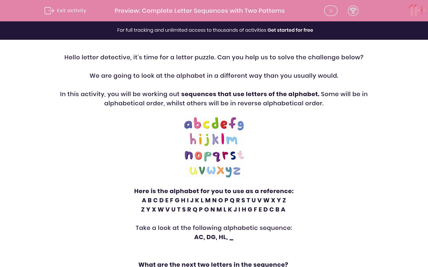 Complete Letter Sequences with Two Patterns Worksheet - EdPlace