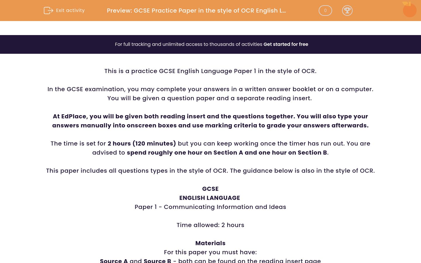 GCSE Practice Paper in the style of OCR English Language Paper 1 ...