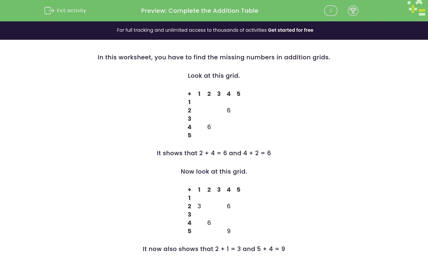 Complete the Addition Table Worksheet - EdPlace
