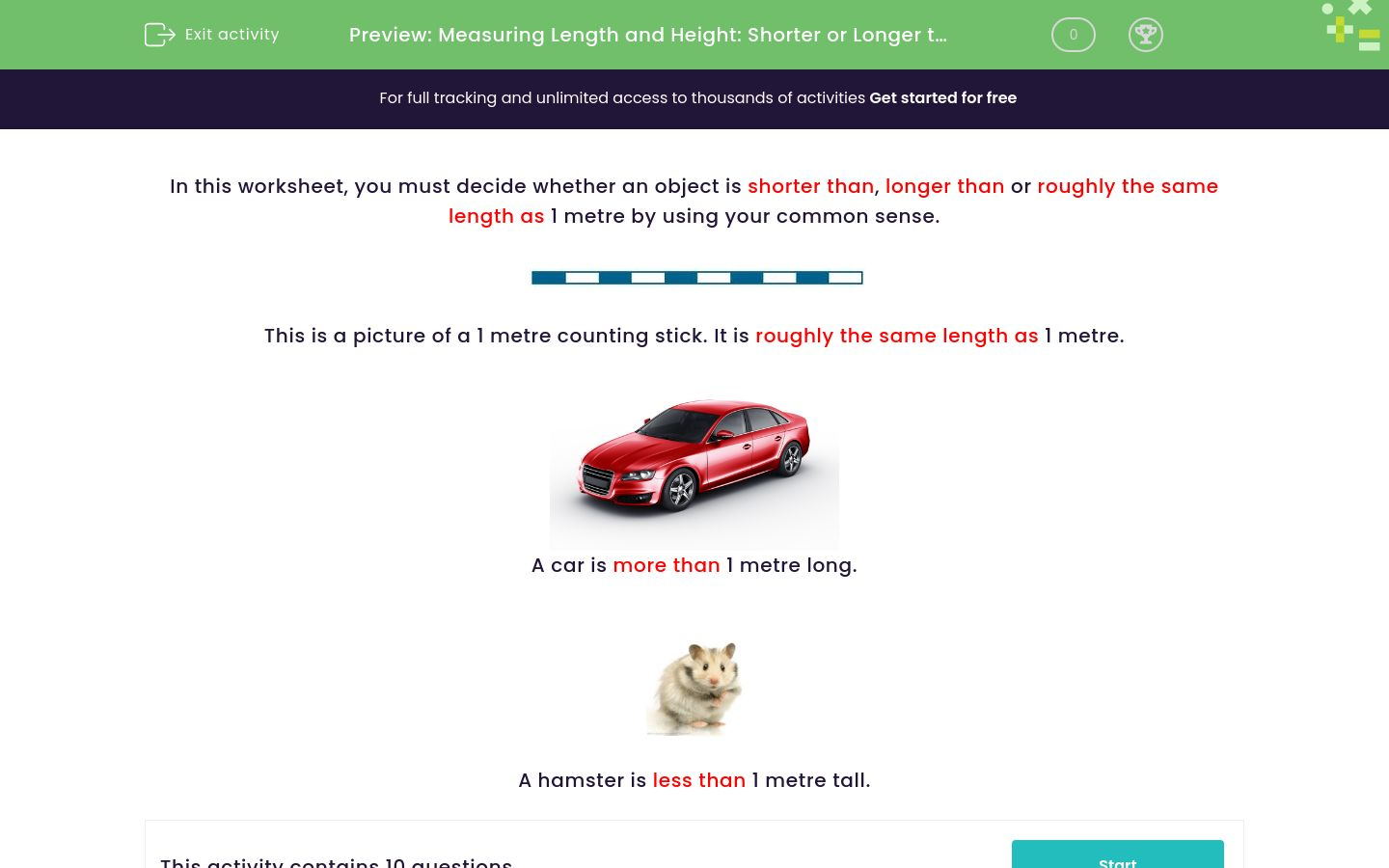 Compare the Length of Objects to a Metre Rule Worksheet - EdPlace