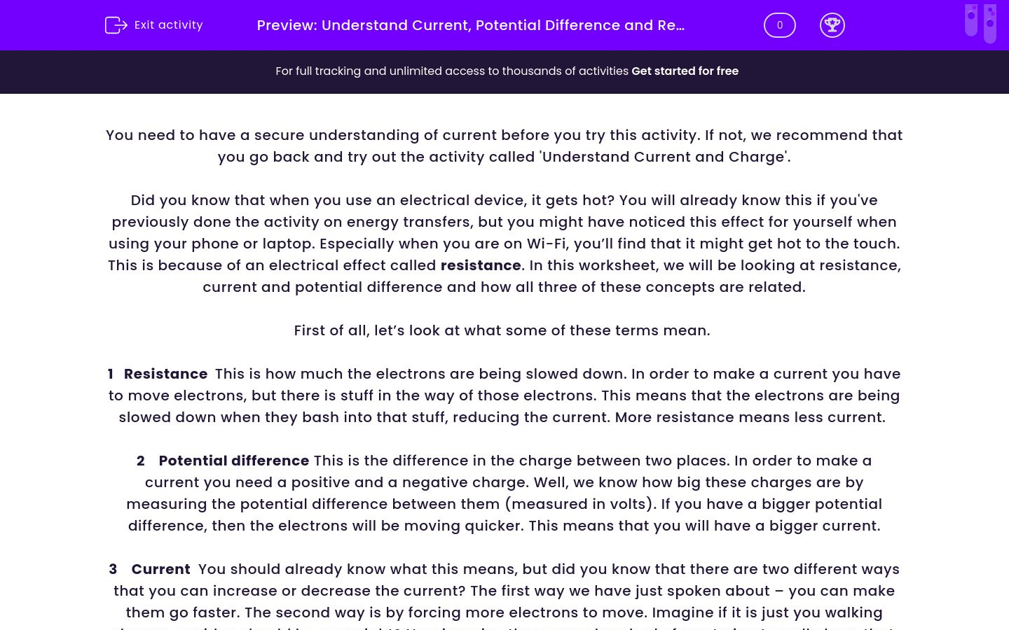Understand Current, Potential Difference and Resistance Worksheet - EdPlace