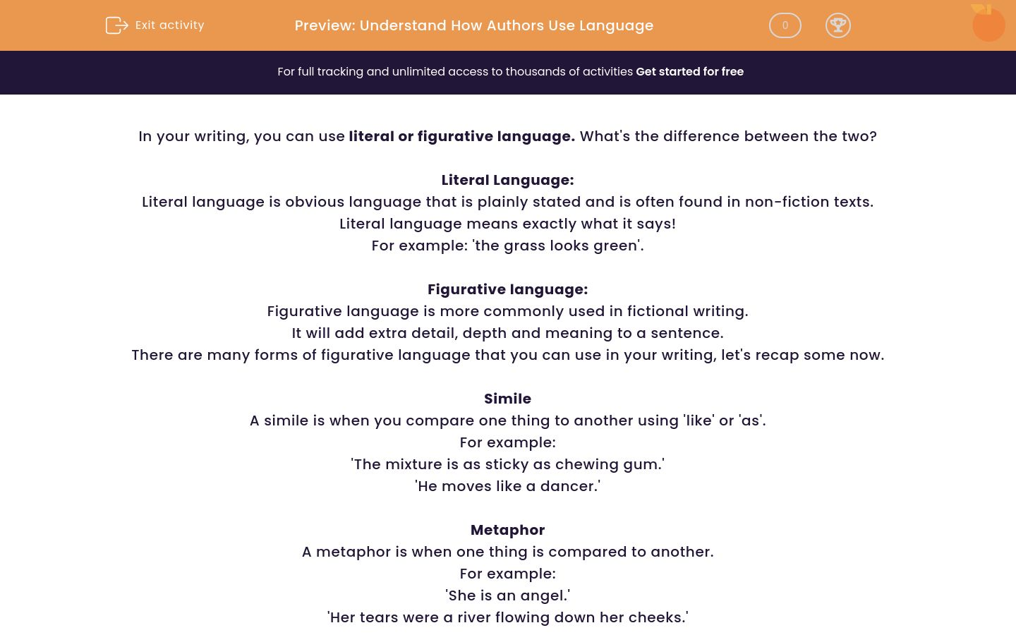 Recognise Figurative Language Techniques Worksheet - EdPlace