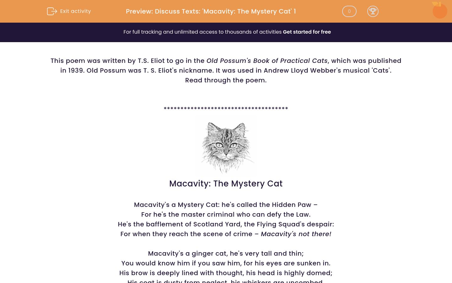 Answer Questions on the Text of 'Macavity: The Mystery Cat' Worksheet ...