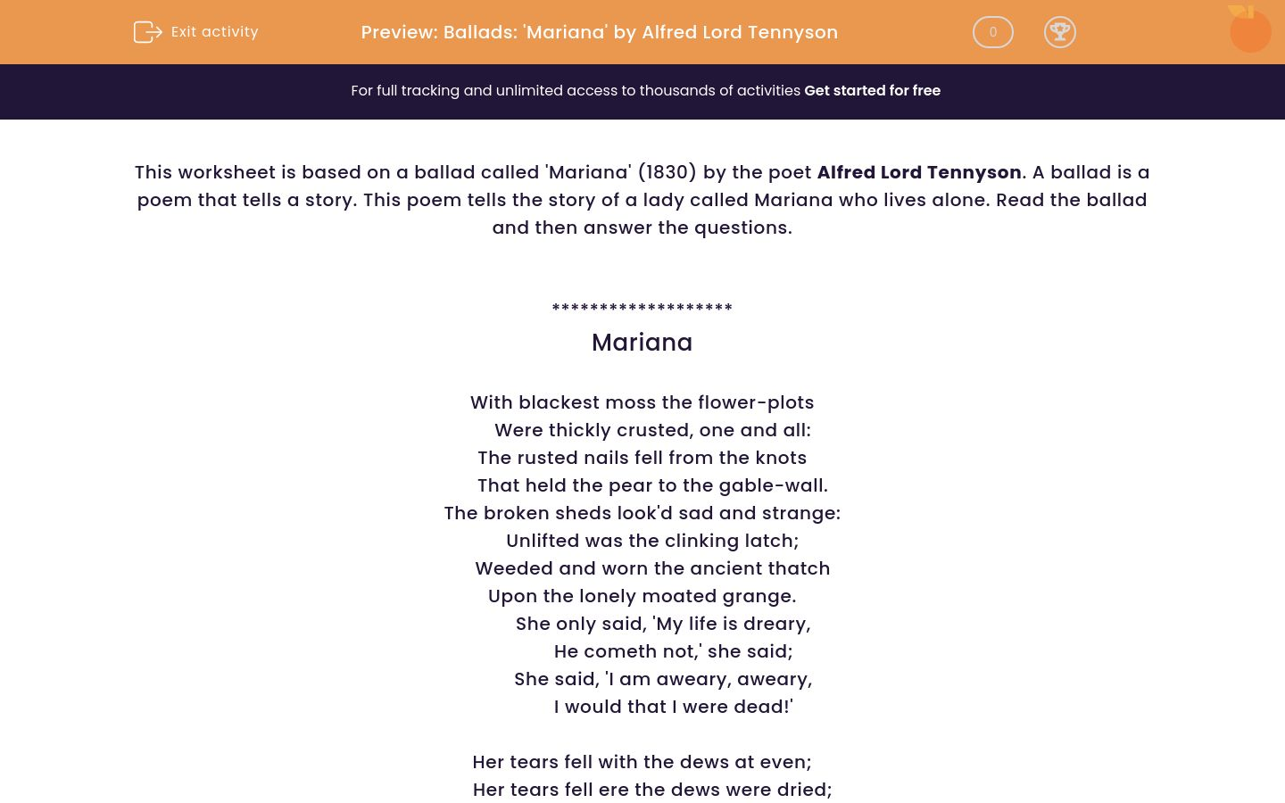 Interpret the Ballad: 'Mariana' by Alfred Lord Tennyson Worksheet - EdPlace