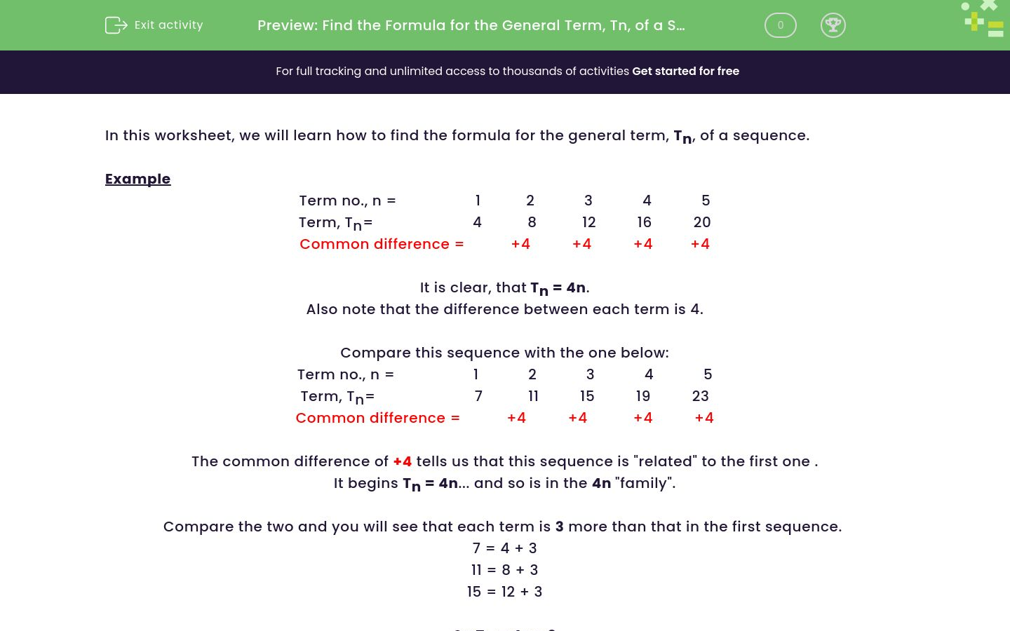 Find the Formula for the General Term of a Sequence Worksheet - EdPlace