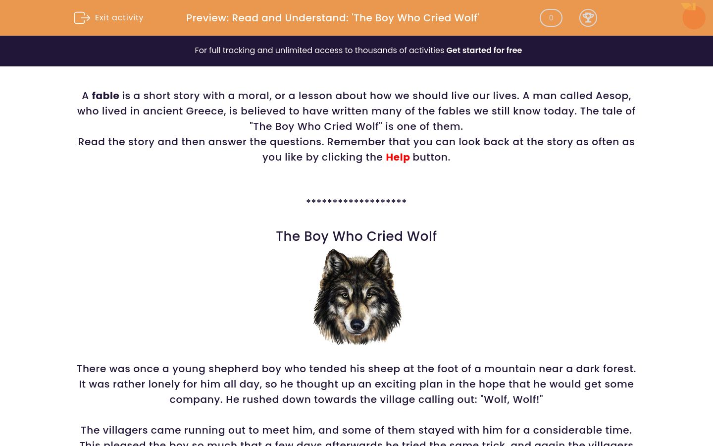 Read and Understand: 'The Boy Who Cried Wolf' Worksheet - EdPlace
