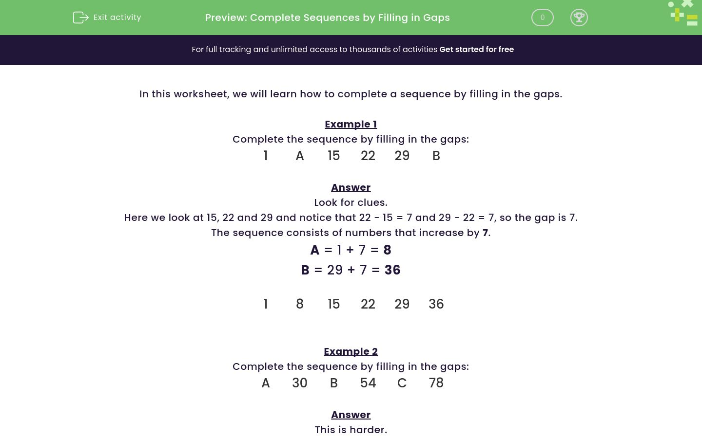 Complete Sequences by Filling in Gaps Worksheet - EdPlace