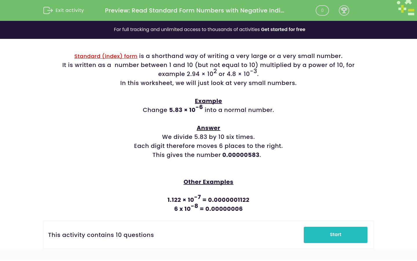 Read Standard Index Form Numbers with Negative Indices Worksheet - EdPlace