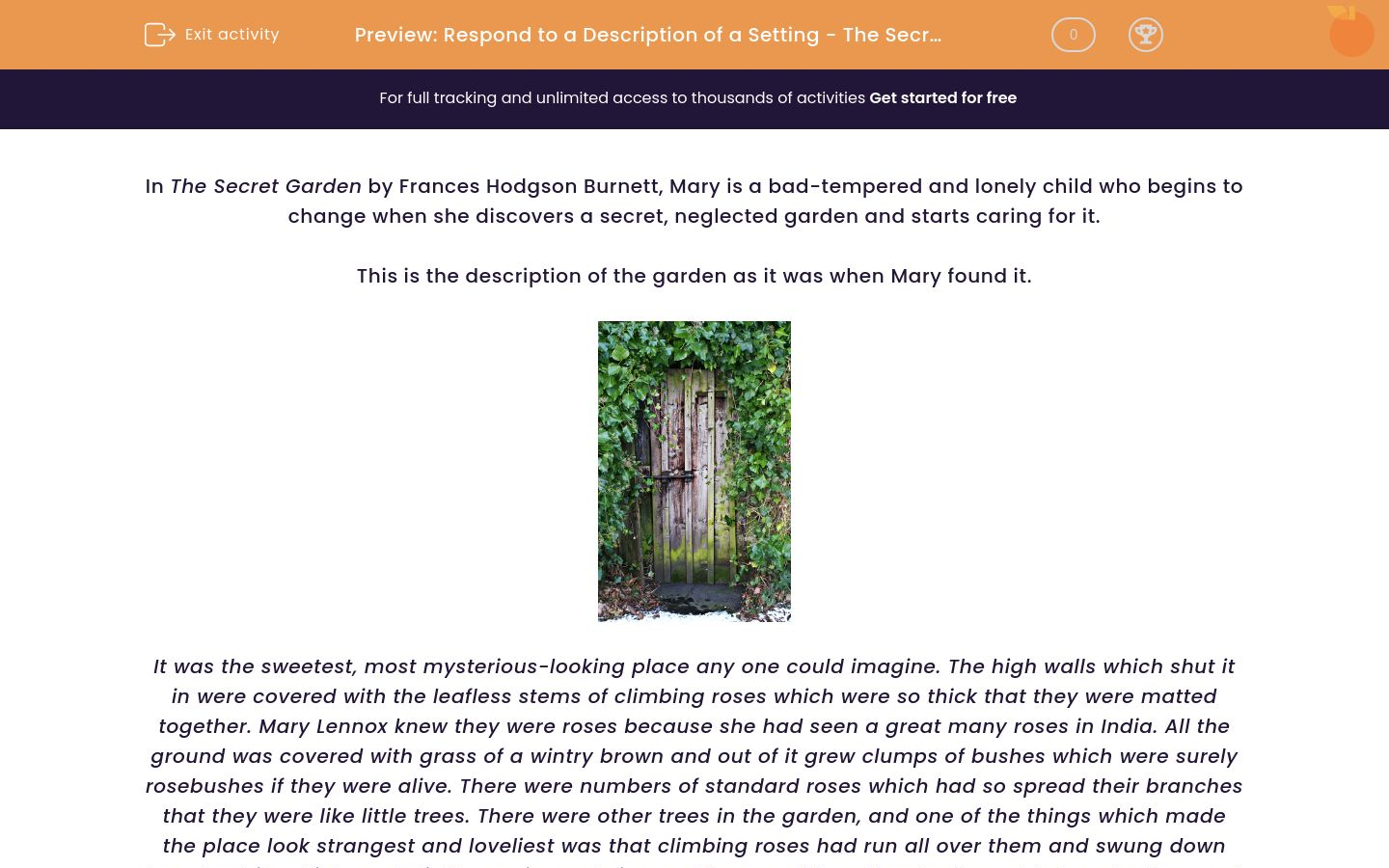 Respond to a Description of a Setting - The Secret Garden Worksheet ...