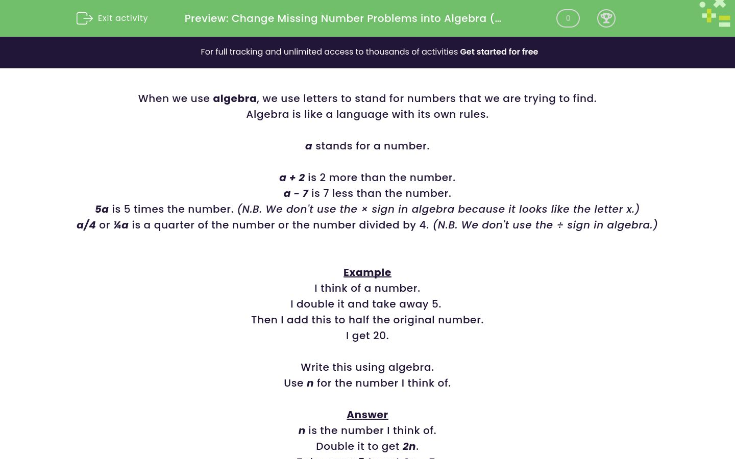 Express Missing Number Problems Using Algebra Worksheet - EdPlace