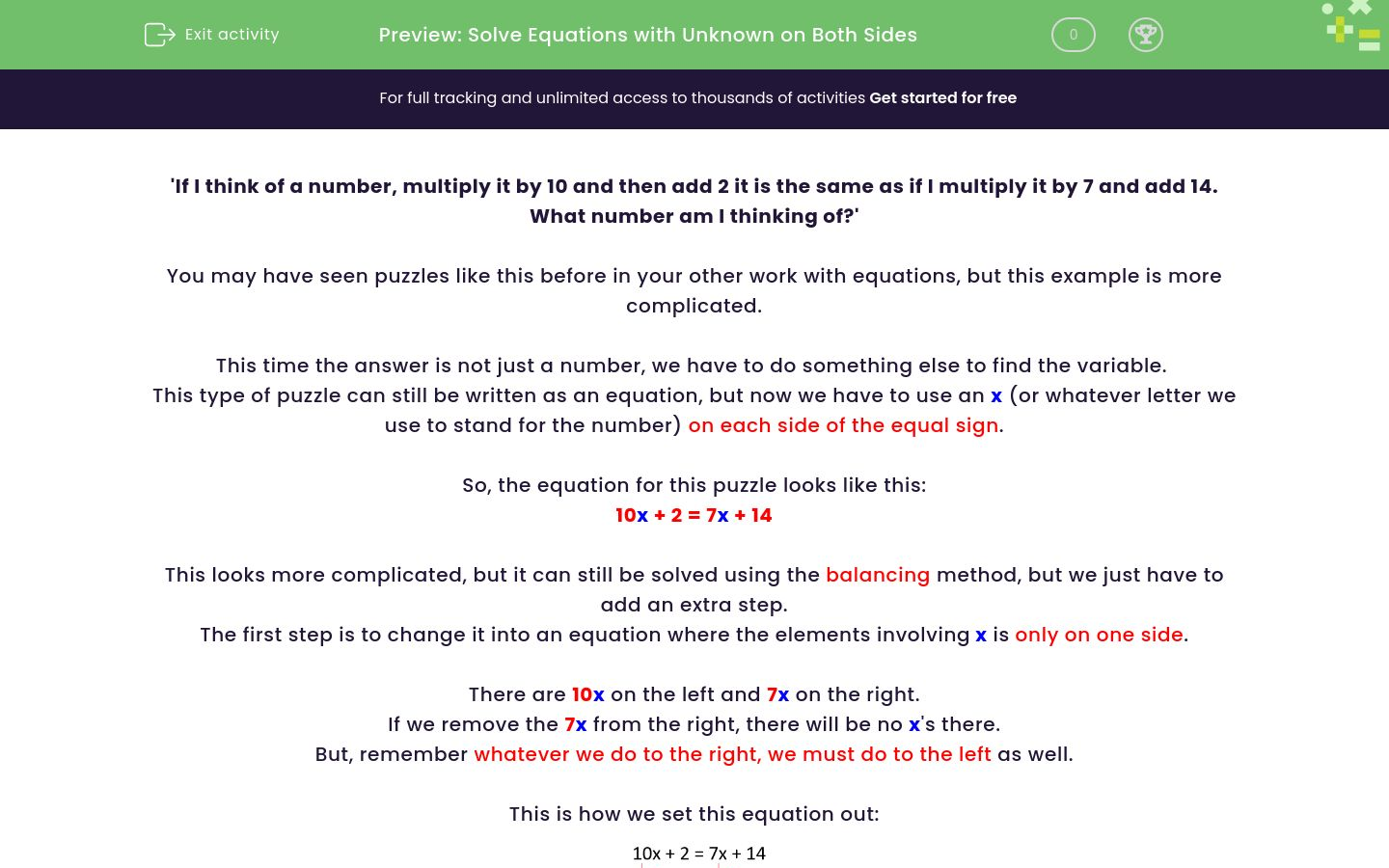 Solve Equations with Unknown on Both Sides Worksheet - EdPlace