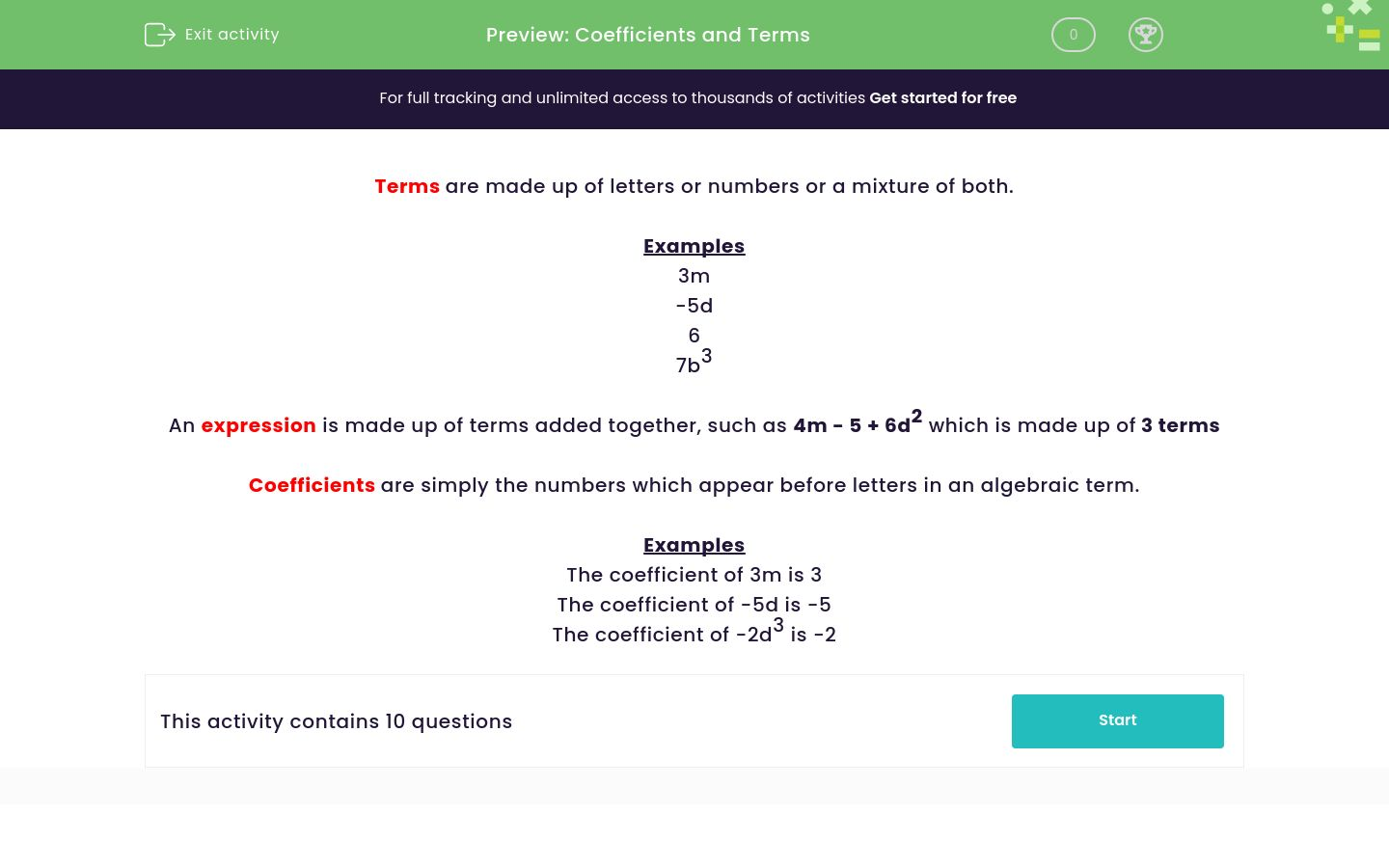 Identify Coefficients and Terms in Algebraic Expressions Worksheet ...
