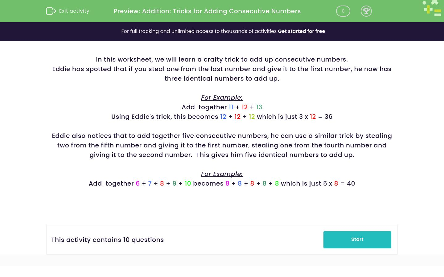 Addition Tricks For Adding Consecutive Numbers Worksheet EdPlace