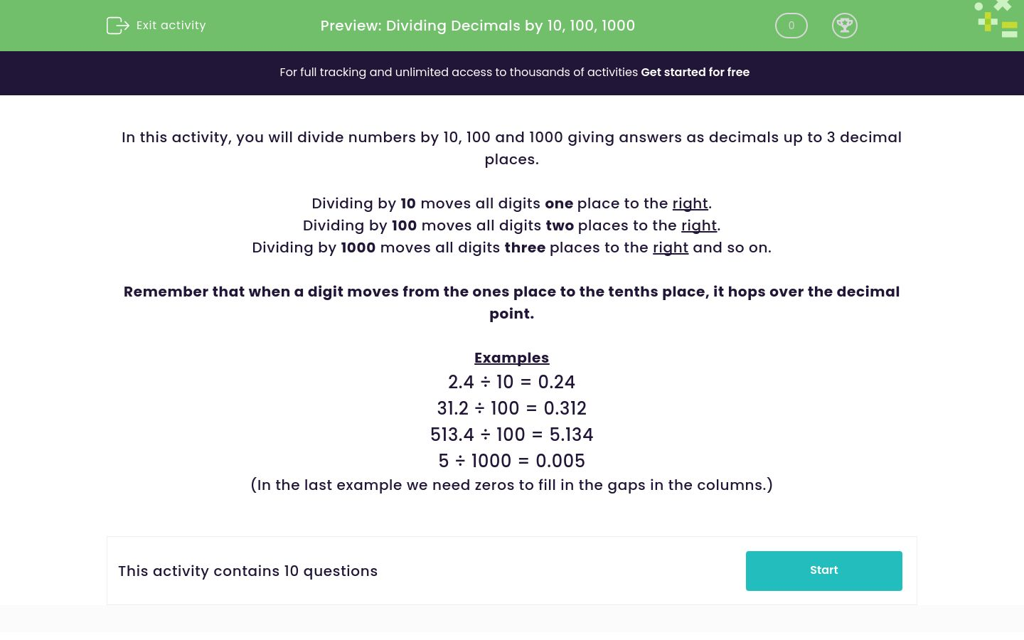 Divide Decimals by 10, 100 or 1000 Worksheet - EdPlace