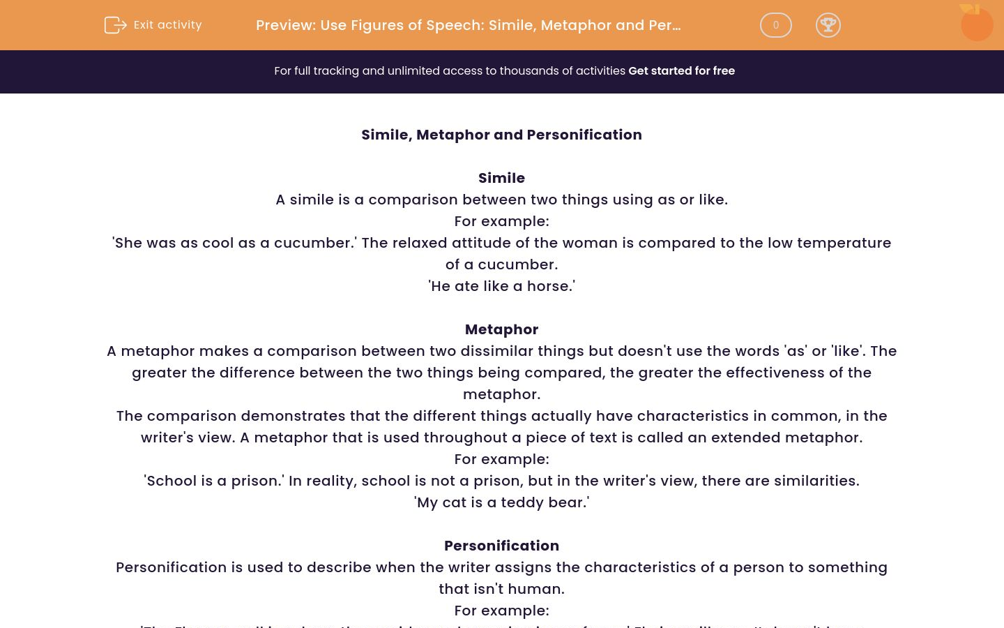 Use Figures of Speech: Simile, Metaphor and Personification Worksheet ...