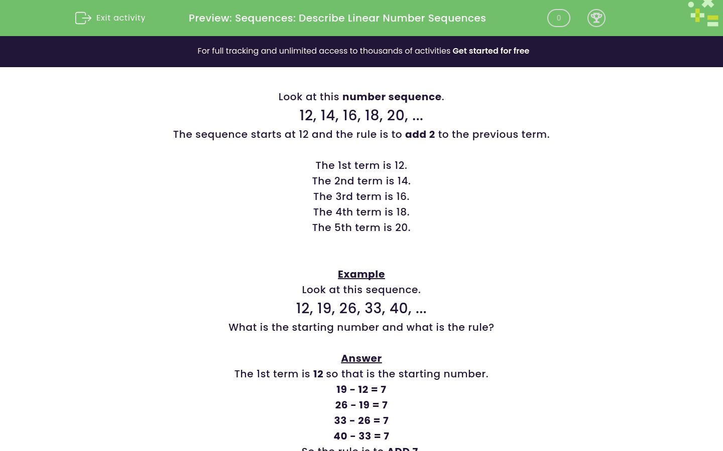 Describe Linear Number Sequences Worksheet - EdPlace