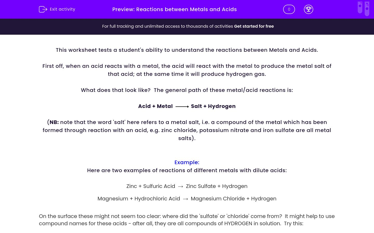 Investigate the Reactions between Metals and Acids Worksheet - EdPlace