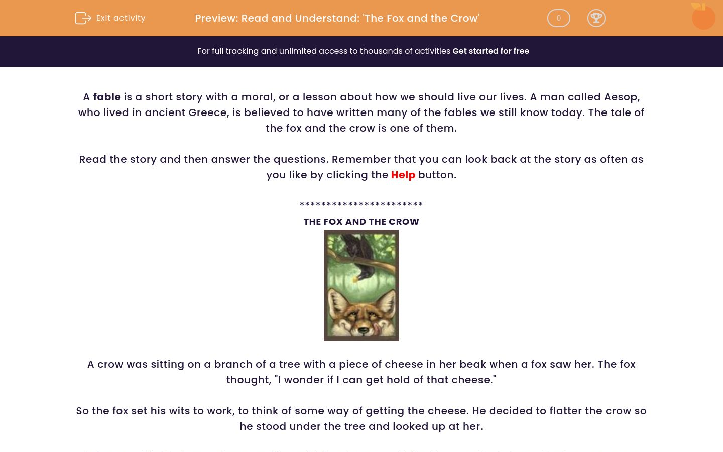 Read and Understand: 'The Fox and the Crow' Worksheet - EdPlace