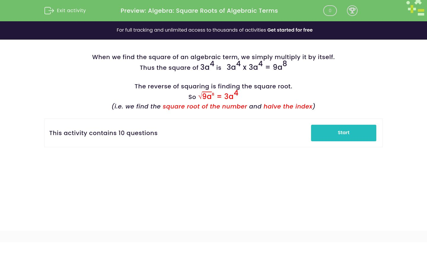 Find the Square Roots of Algebraic Terms Worksheet - EdPlace