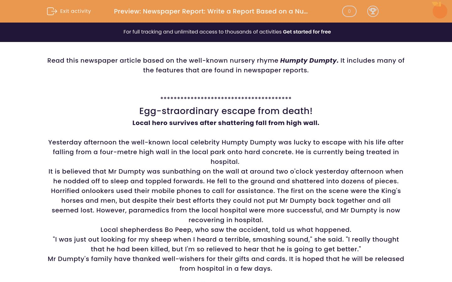 Write a Newspaper Report Based on a Nursery Rhyme Worksheet - EdPlace