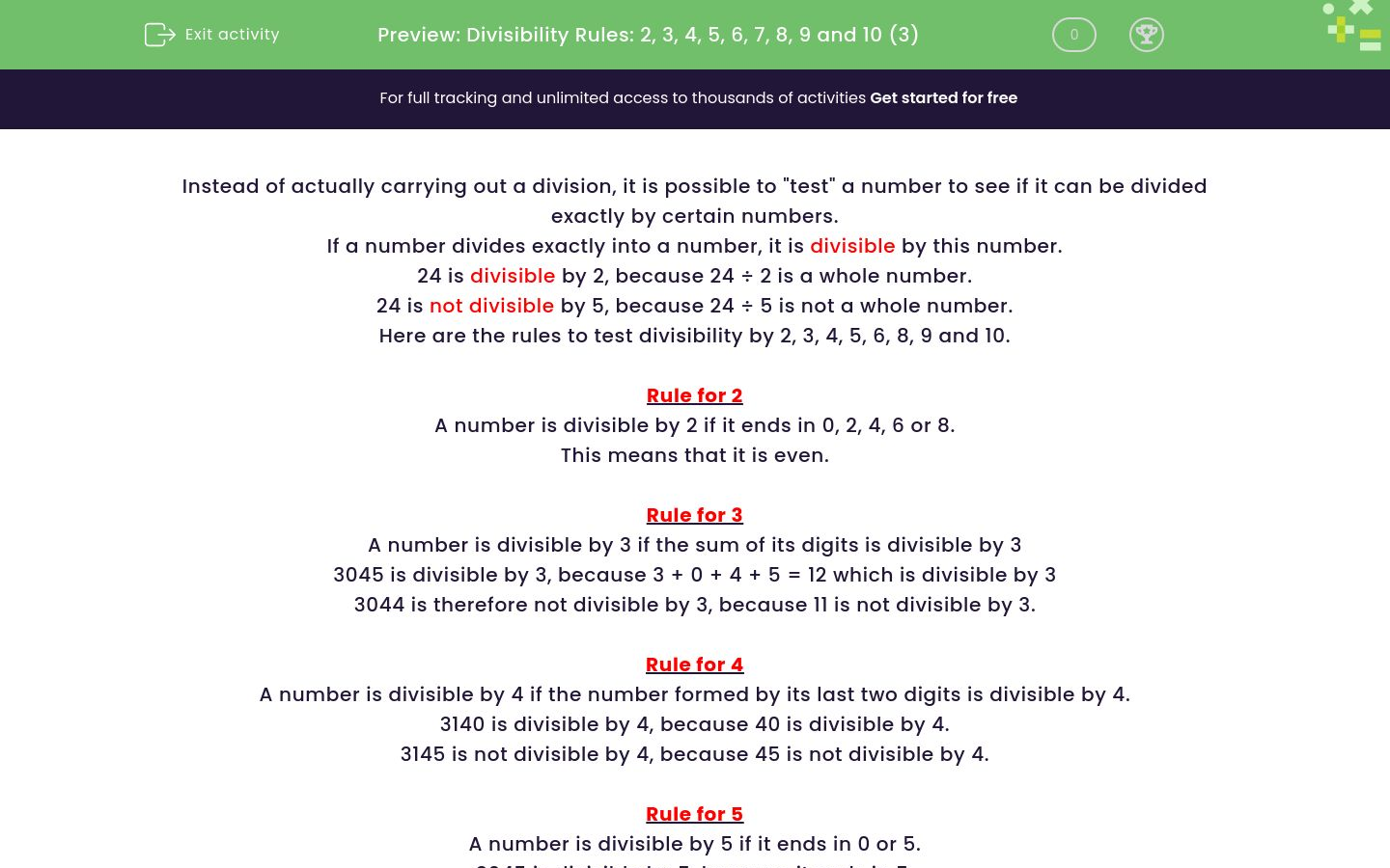 Know the Rules of Divisibility for Numbers up to 10 Worksheet - EdPlace