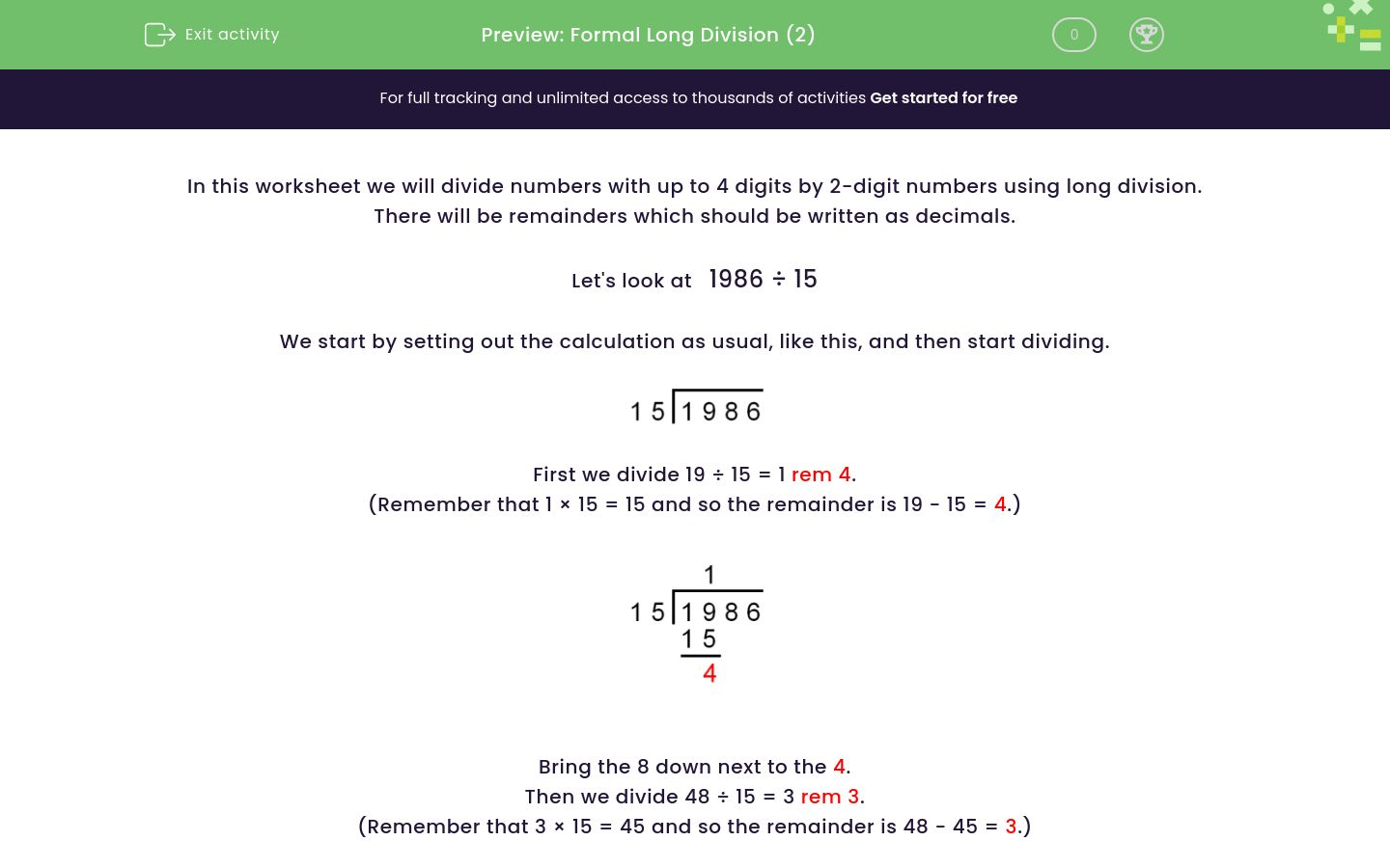 Use Long Division Leaving Remainders as Decimals Worksheet - EdPlace