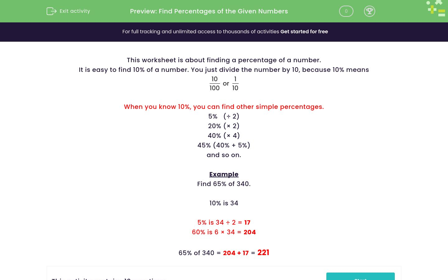 Find Percentages of Given Numbers Worksheet - EdPlace