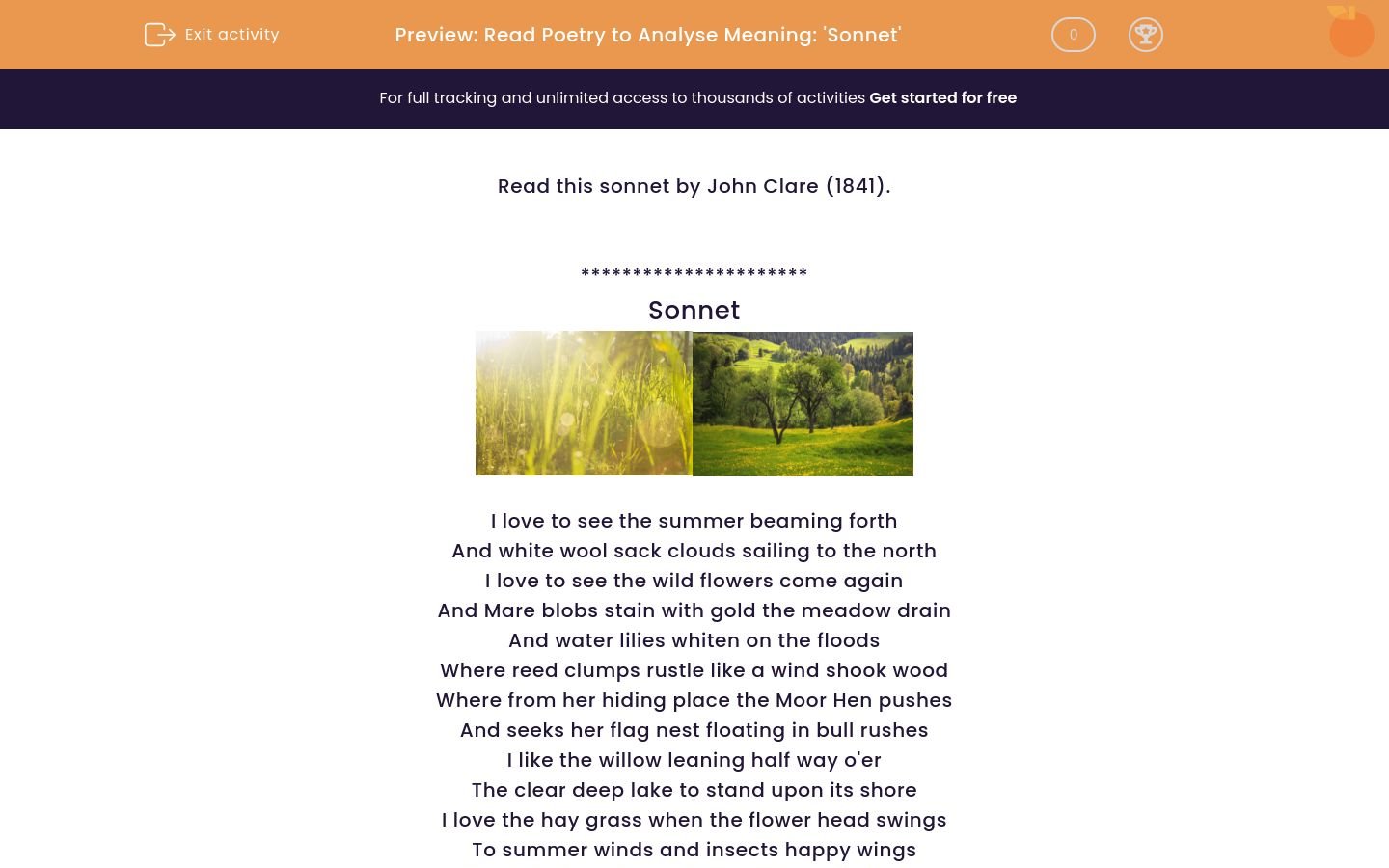 Analyse the Meaning of a Poem: 'Sonnet' by John Clare Worksheet - EdPlace