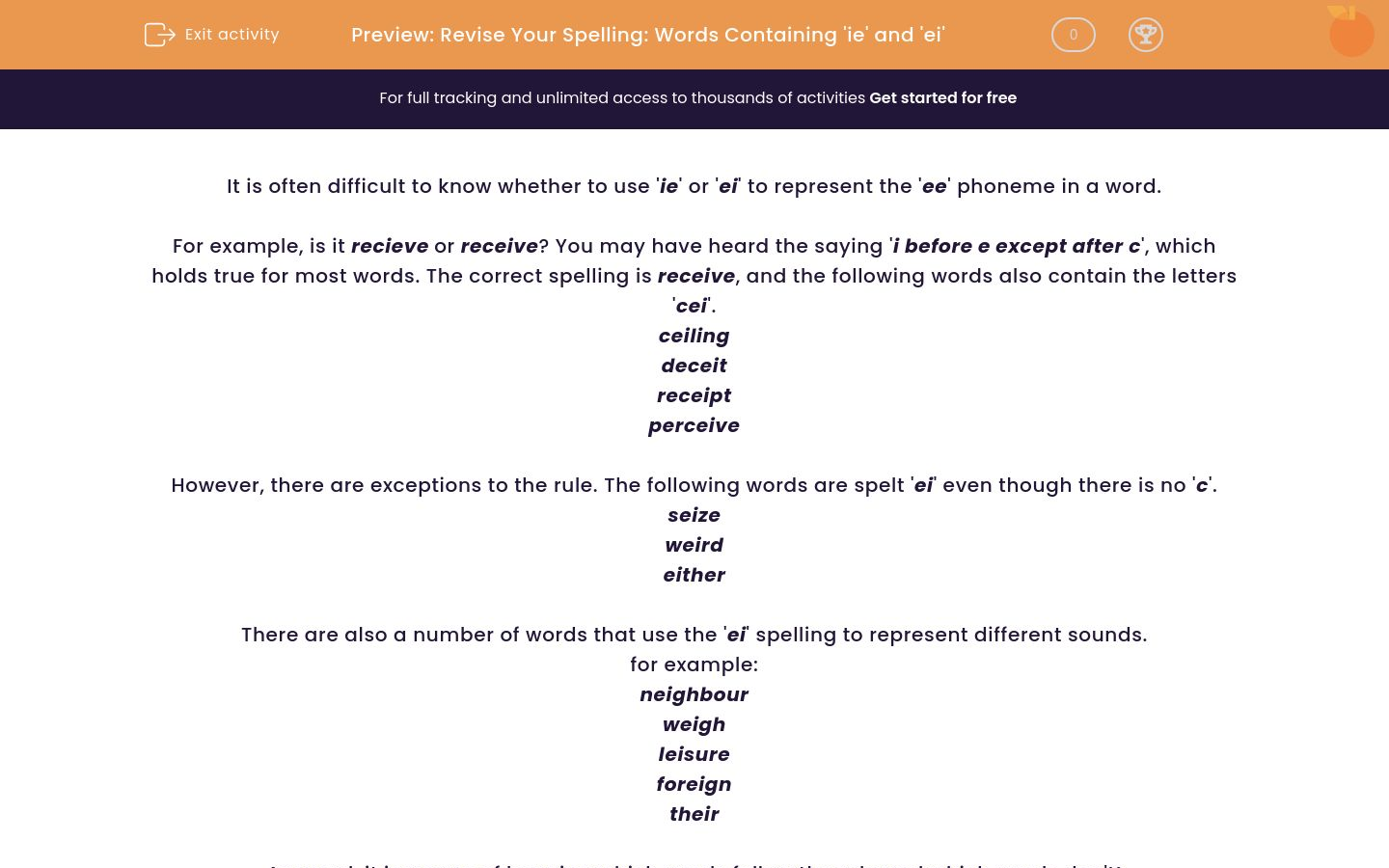 Revise Your Spelling: Words Containing 'ie' and 'ei' Worksheet - EdPlace