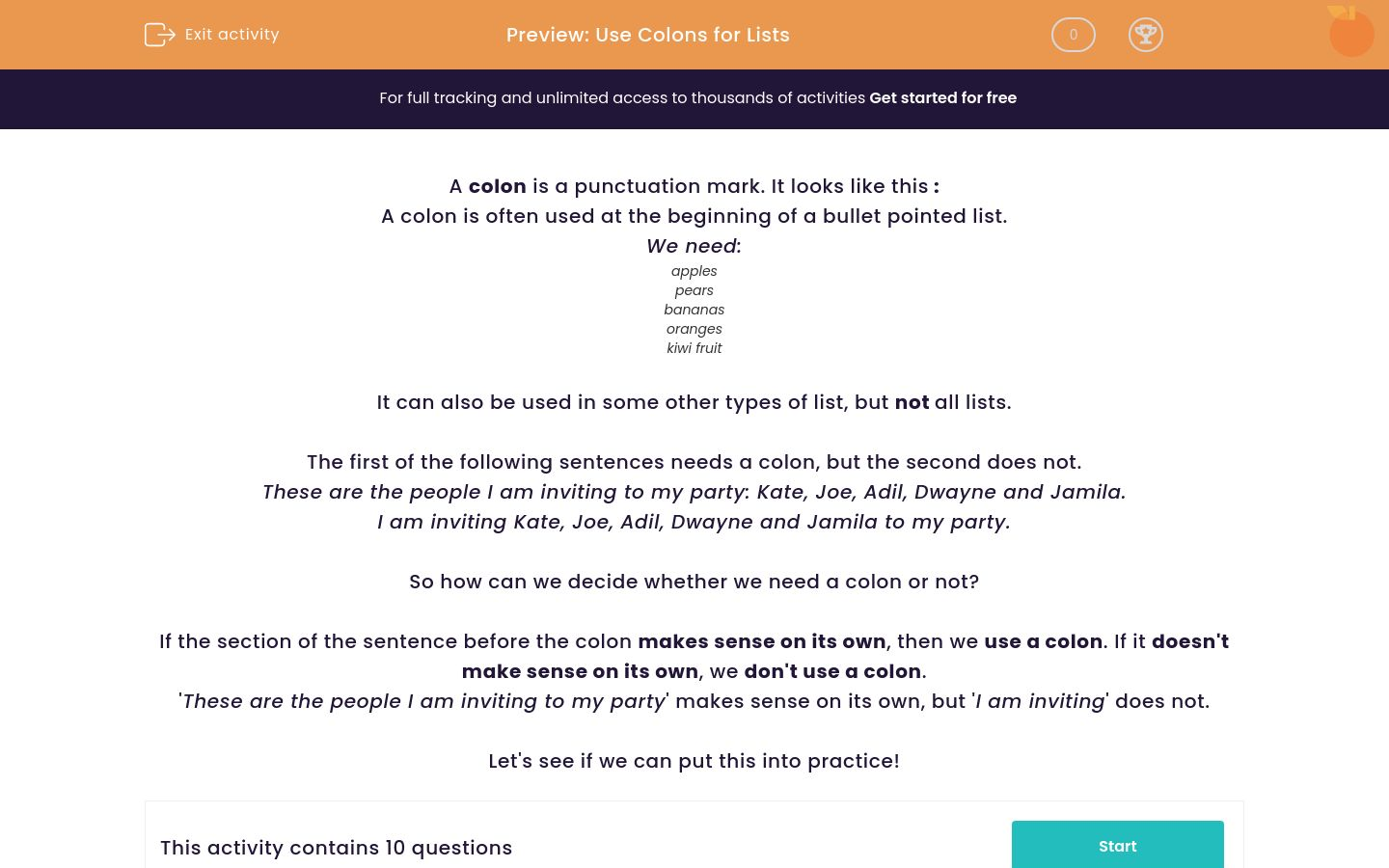 Use Colons for Lists Worksheet - EdPlace